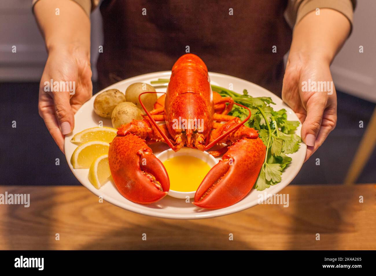 A cook holding a tasty dish with lobster and other ingredients served ...