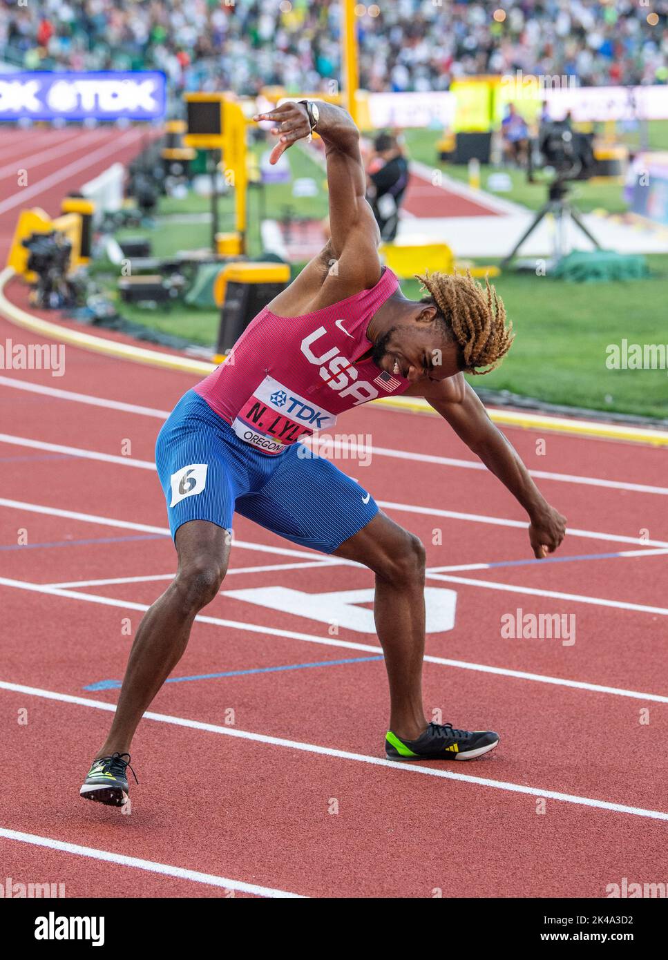 Noah Lyles of the USA celebrating his win in the men’s 200m final at ...