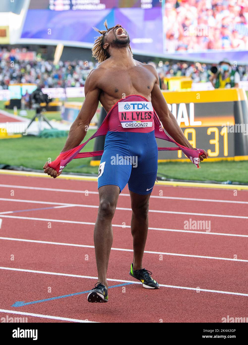 Noah Lyles of the USA celebrating his win in the men’s 200m final at ...