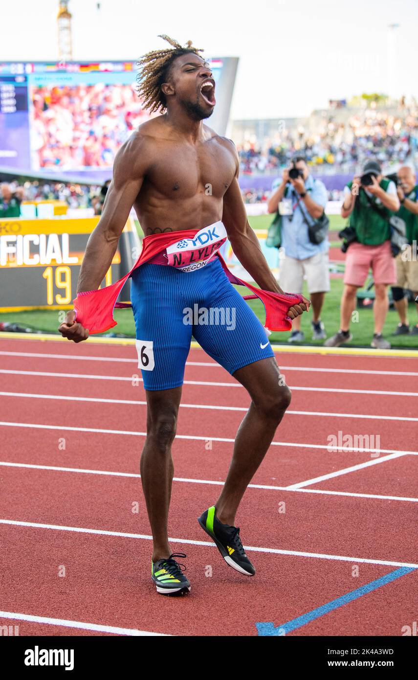 Noah Lyles of the USA celebrating his win in the men’s 200m final at ...
