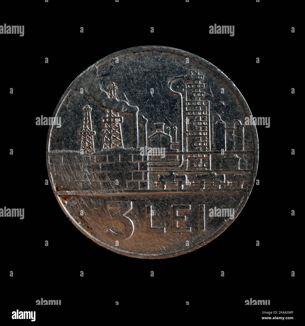 A closeup of Coin 3 Lei Mihai I Romania 1966 on the black background ...