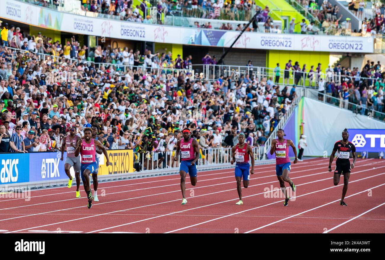 Noah Lyles, Kenneth Bednarek and Erriyon Knighton of the USA competing in the men’s 200m final ...