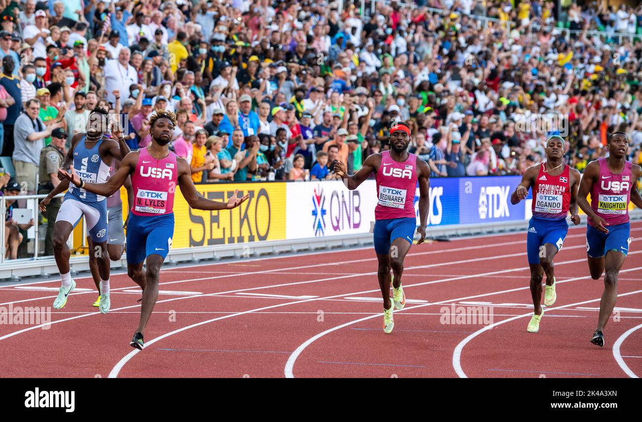 Noah Lyles, Kenneth Bednarek and Erriyon Knighton of the USA competing in the men’s 200m final ...