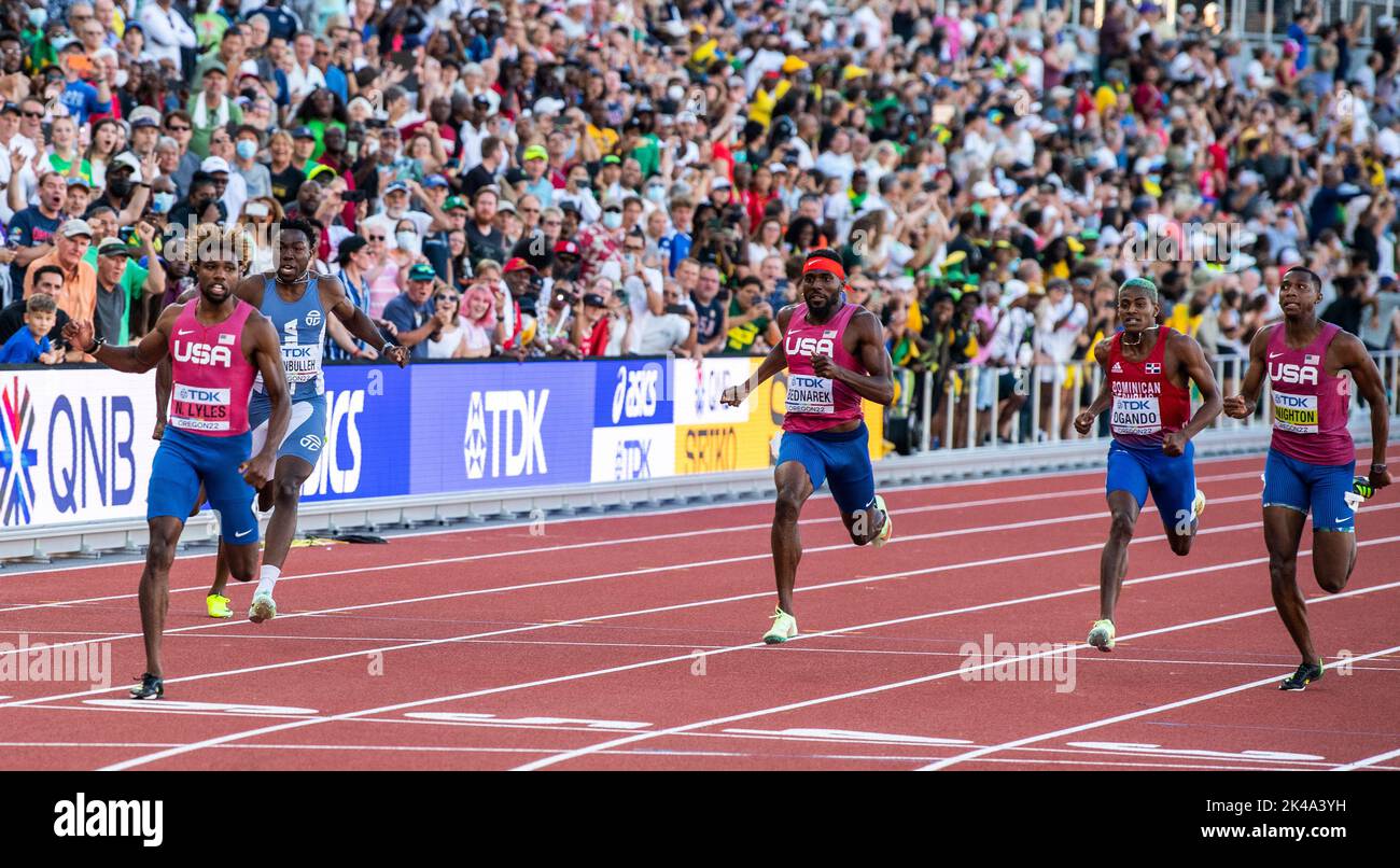 Noah Lyles, Kenneth Bednarek and Erriyon Knighton of the USA competing ...