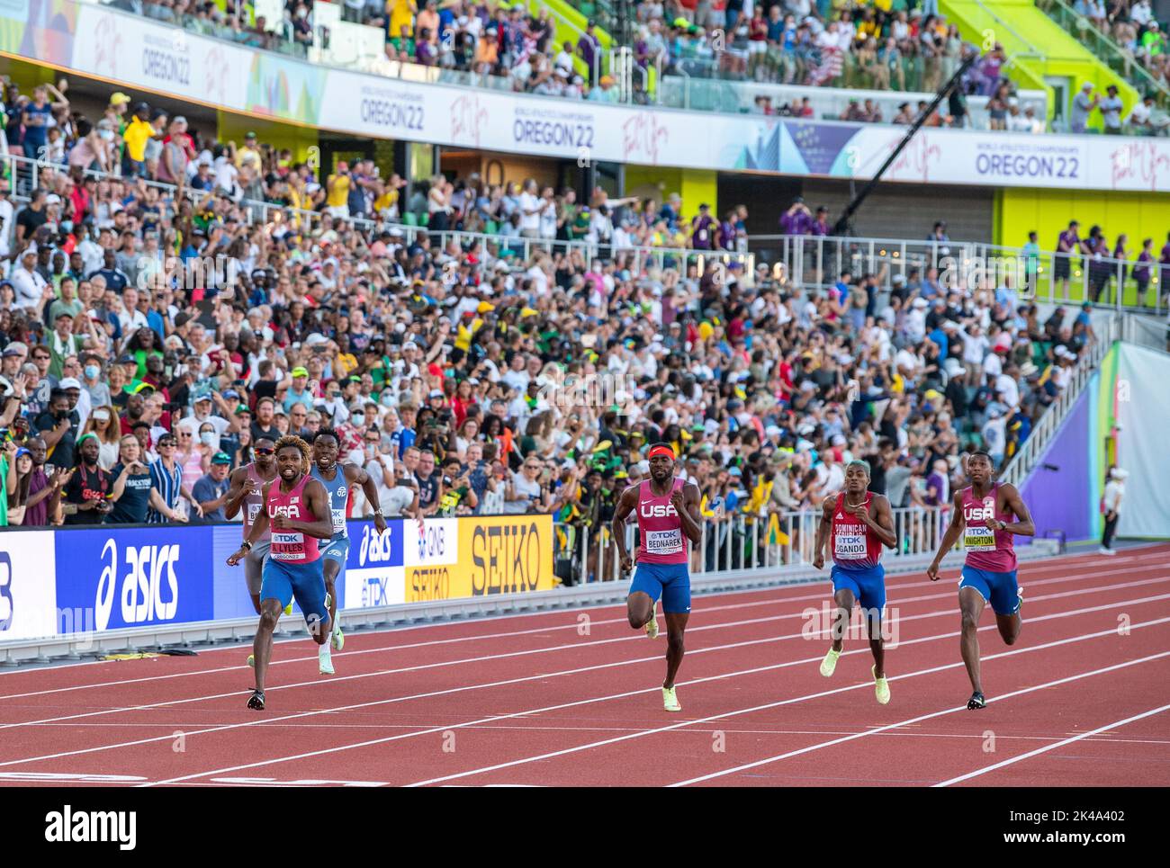 Noah Lyles, Kenneth Bednarek and Erriyon Knighton of the USA competing in the men’s 200m final ...