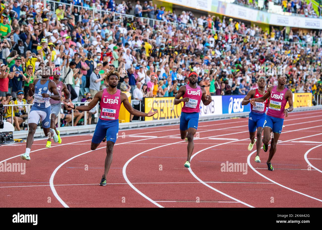 Noah Lyles, Kenneth Bednarek and Erriyon Knighton of the USA competing in the men’s 200m final ...