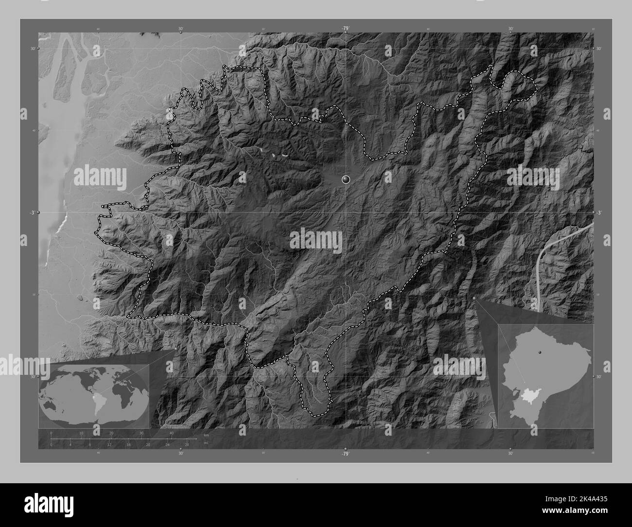 Azuay, province of Ecuador. Grayscale elevation map with lakes and ...
