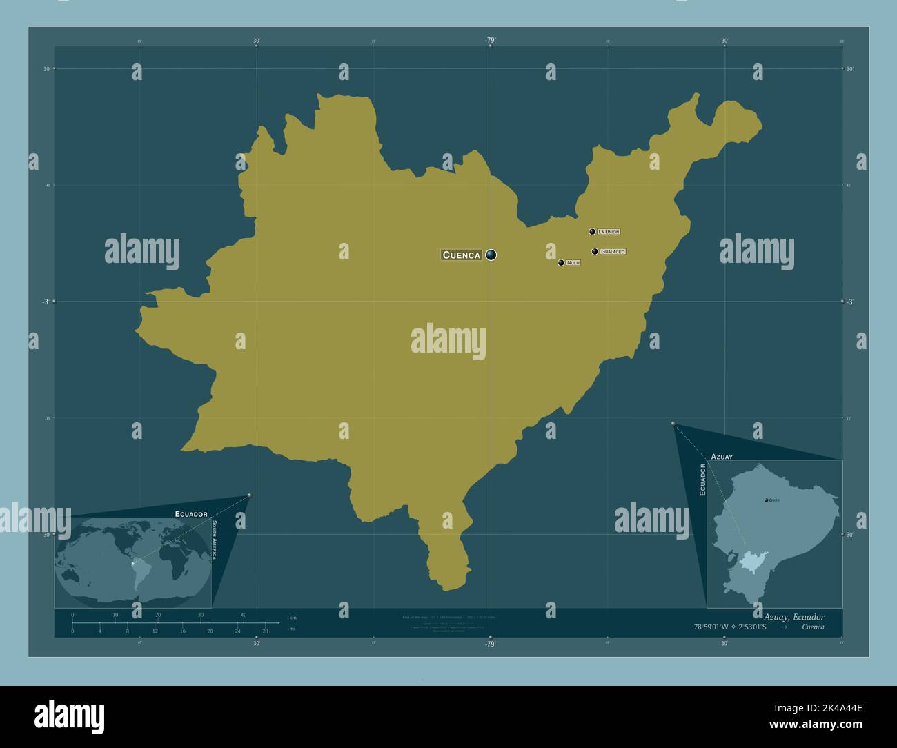 Azuay, province of Ecuador. Solid color shape. Locations and names of ...