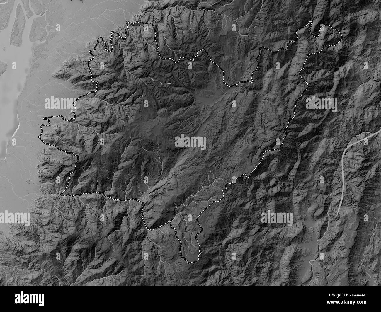 Azuay, province of Ecuador. Grayscale elevation map with lakes and ...