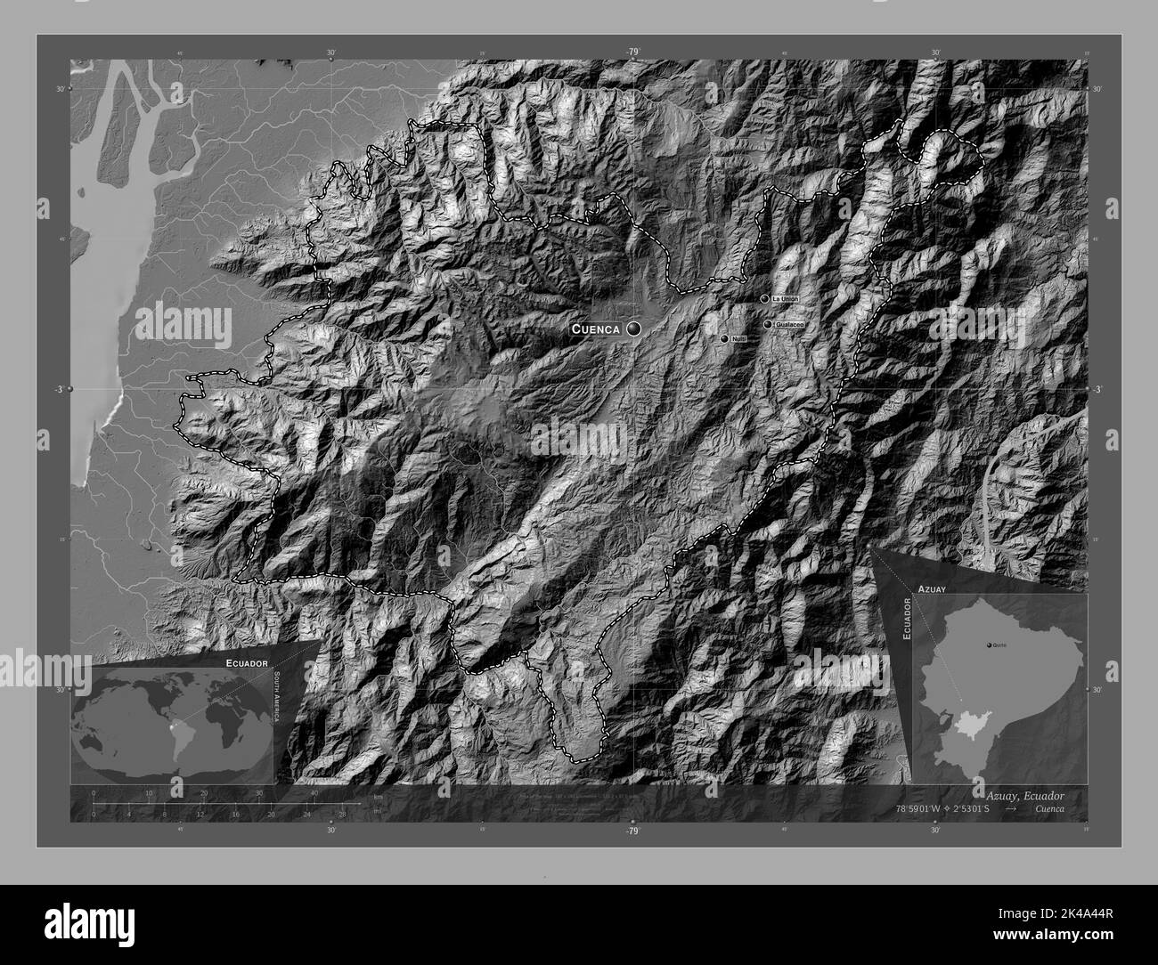 Azuay, province of Ecuador. Bilevel elevation map with lakes and rivers ...
