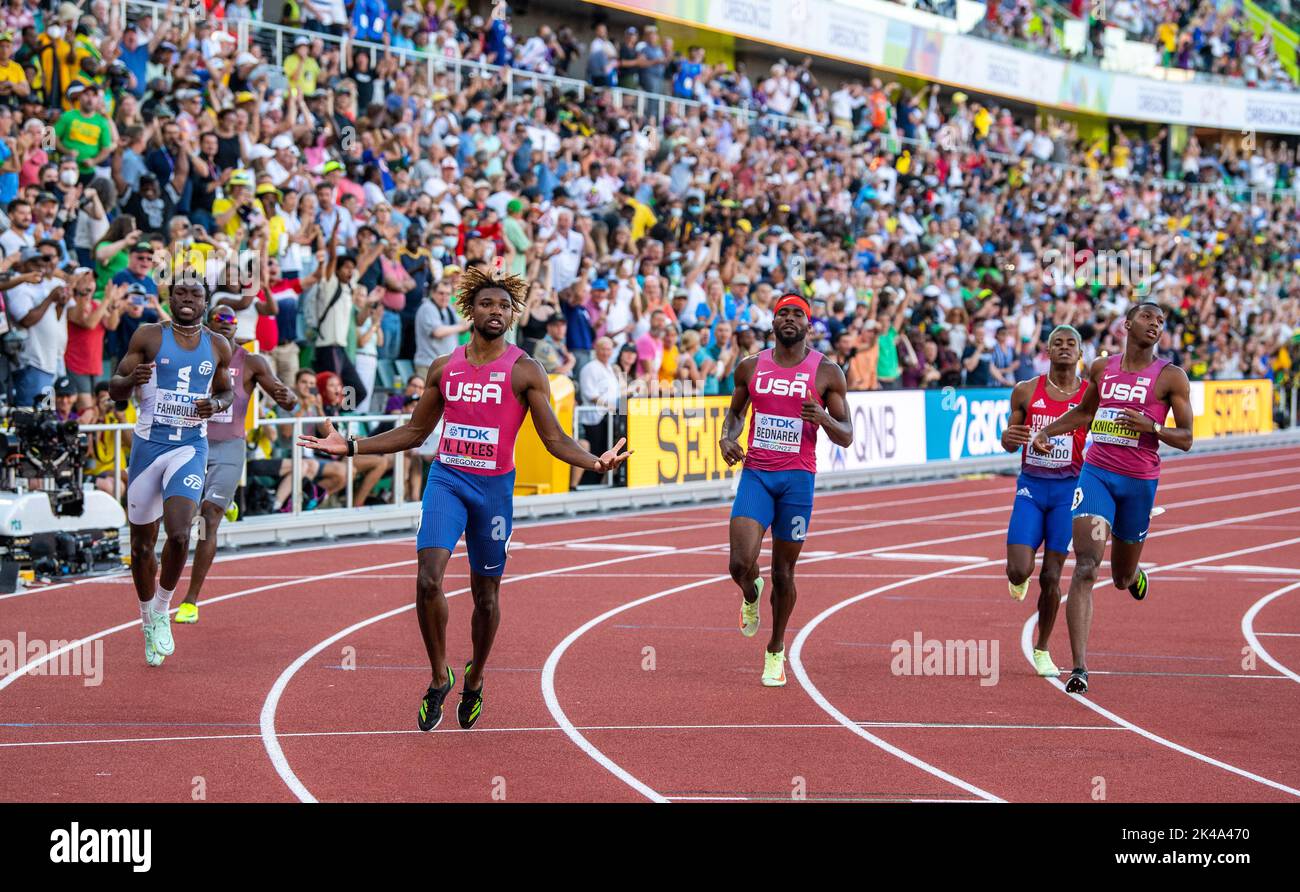 Noah Lyles, Kenneth Bednarek and Erriyon Knighton of the USA competing ...