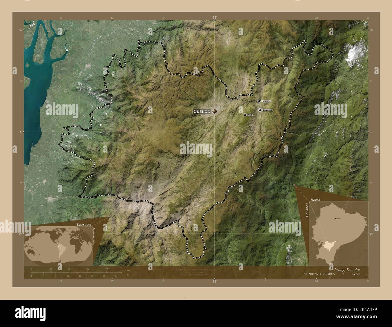 Azuay, province of Ecuador. Low resolution satellite map. Locations and ...