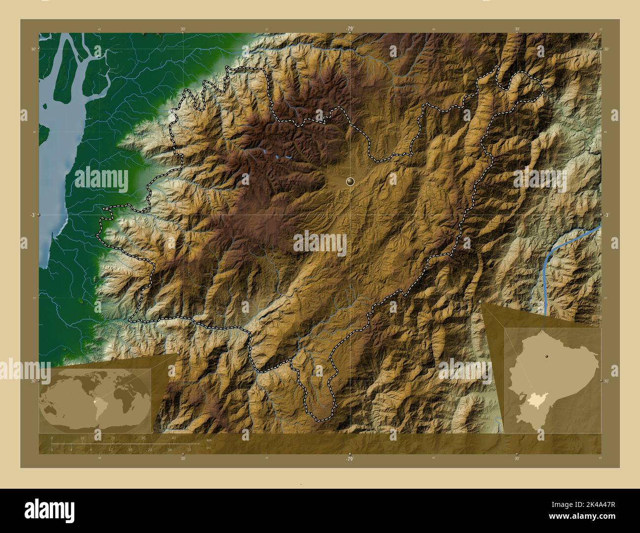 Azuay, province of Ecuador. Colored elevation map with lakes and rivers ...