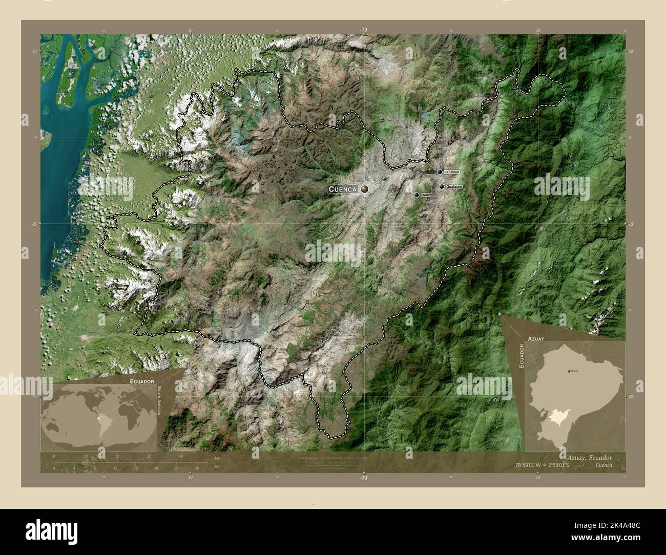 Azuay, province of Ecuador. High resolution satellite map. Locations ...