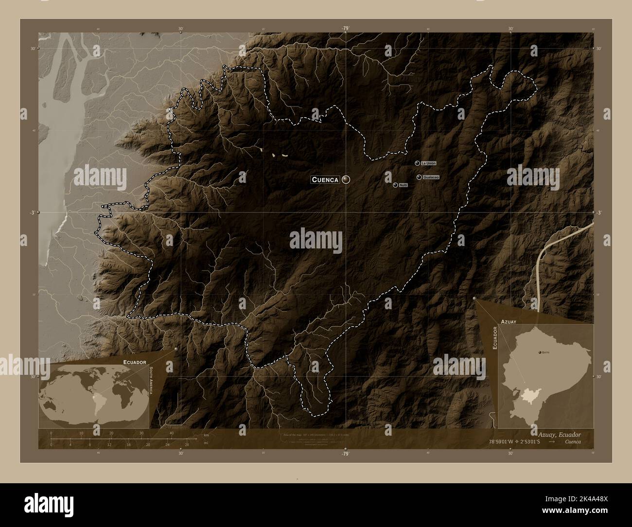 Azuay, province of Ecuador. Elevation map colored in sepia tones with ...