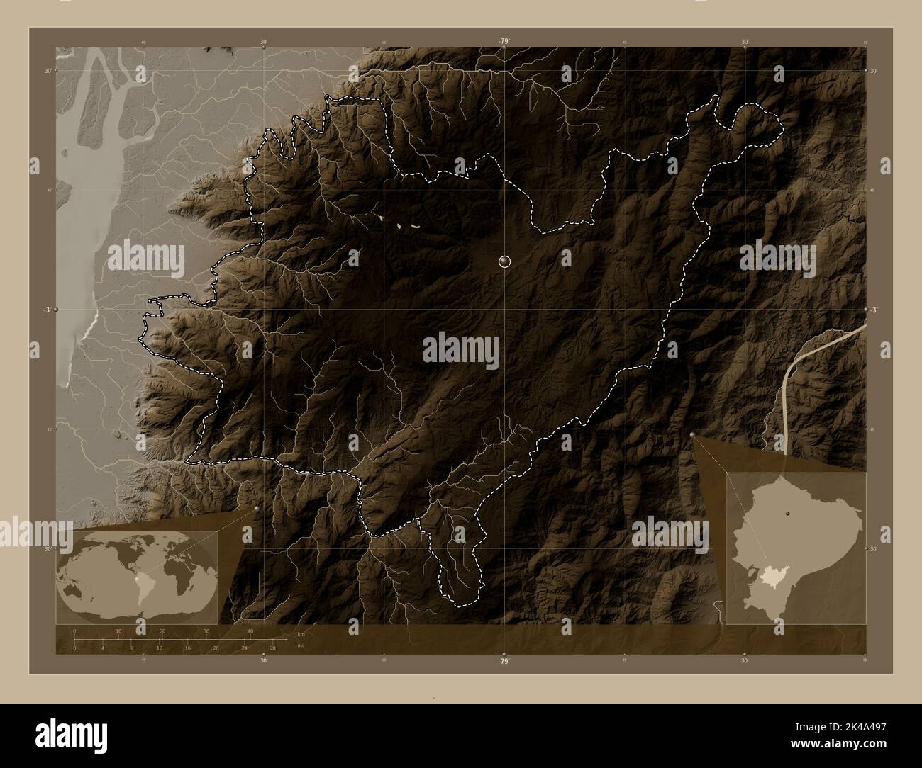 Azuay, province of Ecuador. Elevation map colored in sepia tones with ...