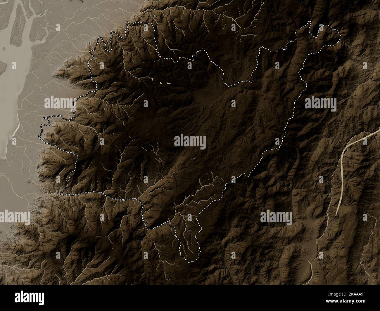 Azuay, province of Ecuador. Elevation map colored in sepia tones with ...