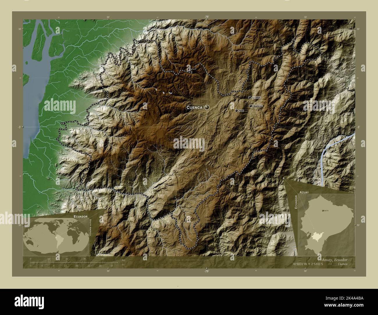 Azuay, province of Ecuador. Elevation map colored in wiki style with ...