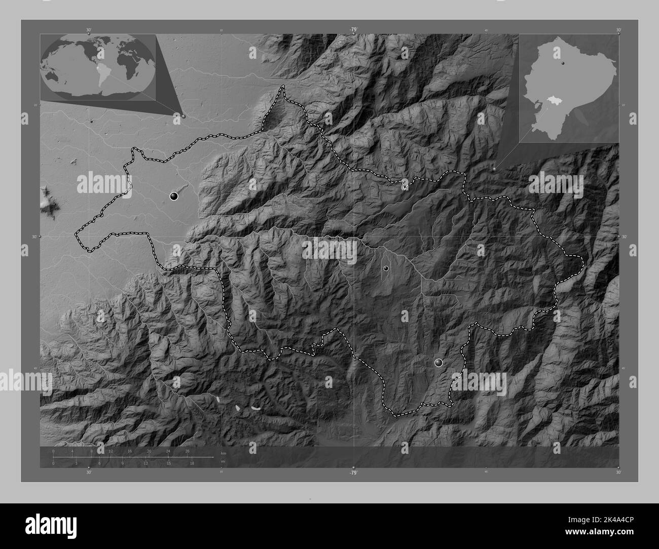 Canar, province of Ecuador. Grayscale elevation map with lakes and ...