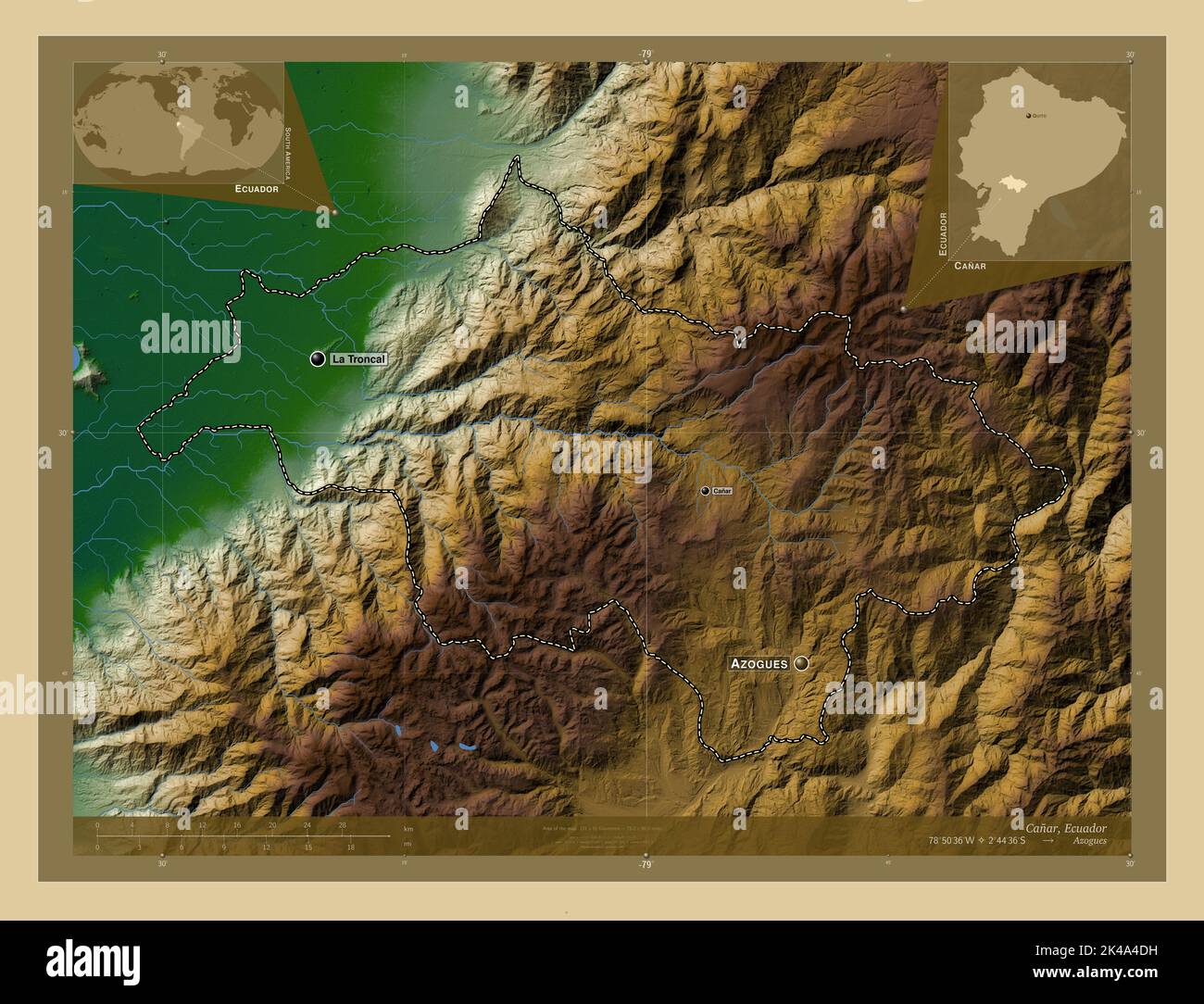 Canar, province of Ecuador. Colored elevation map with lakes and rivers ...