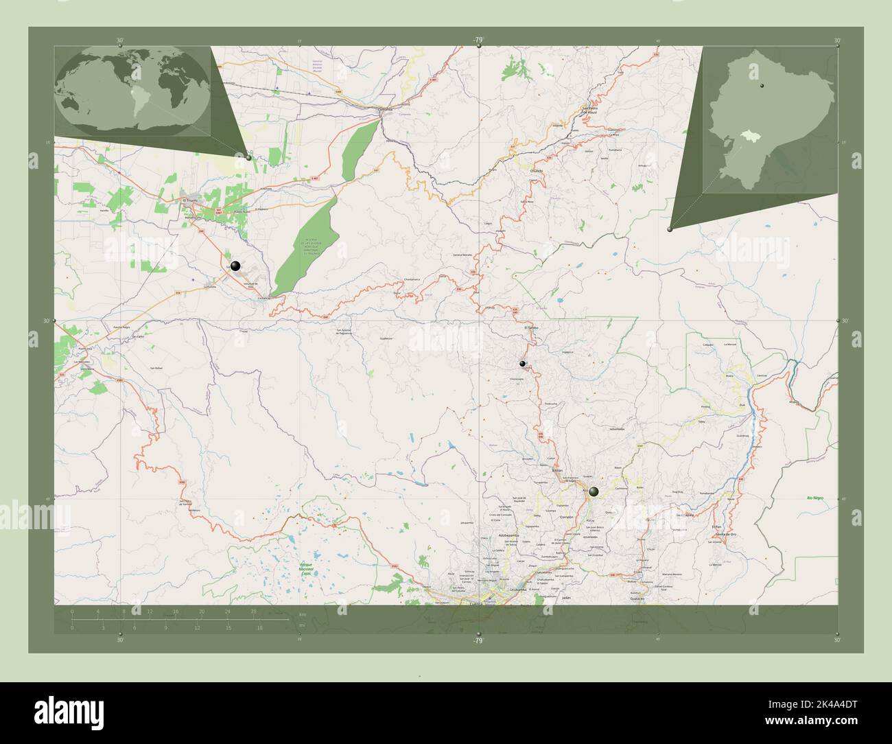 Canar, province of Ecuador. Open Street Map. Locations of major cities ...