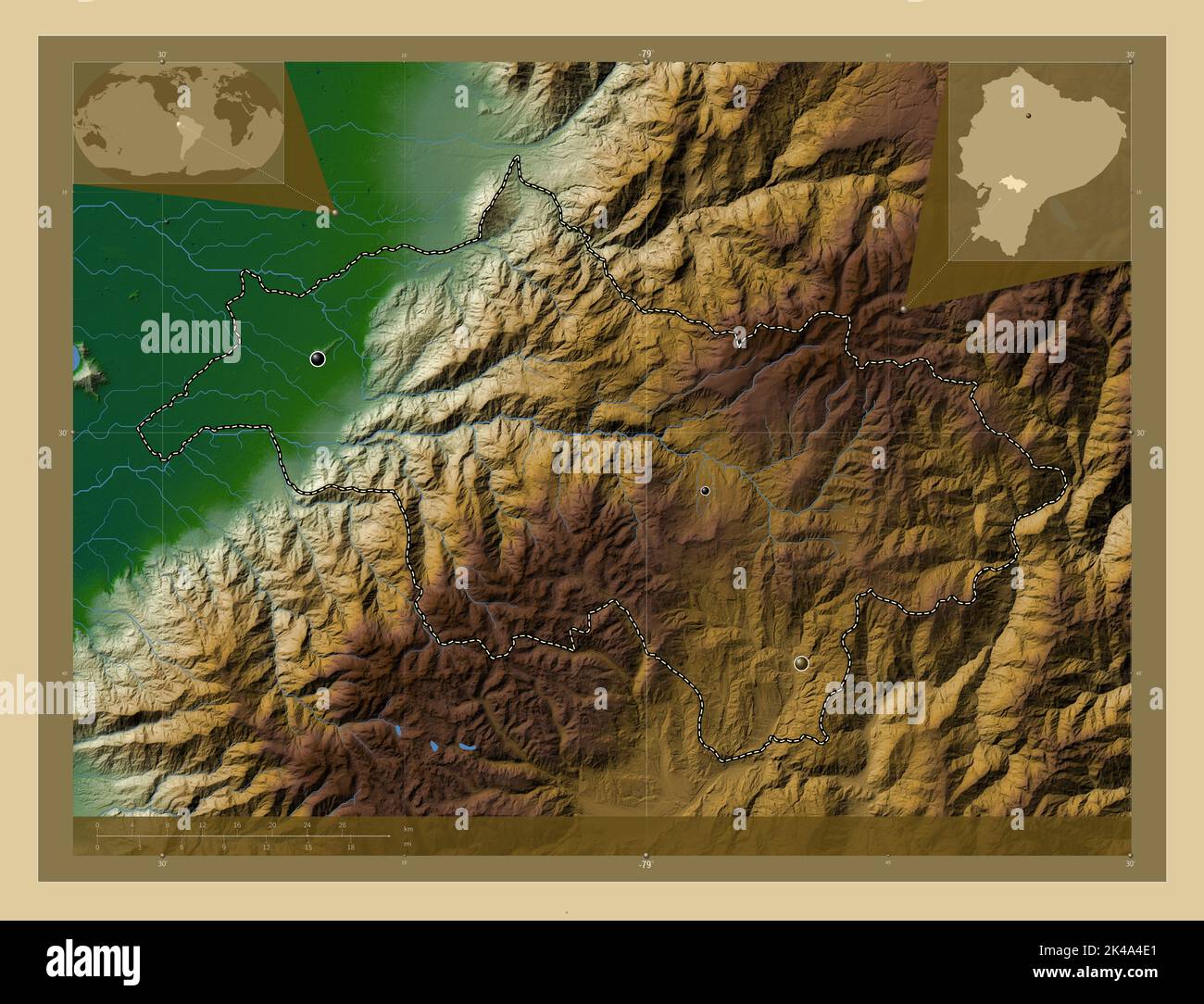 Canar, province of Ecuador. Colored elevation map with lakes and rivers ...