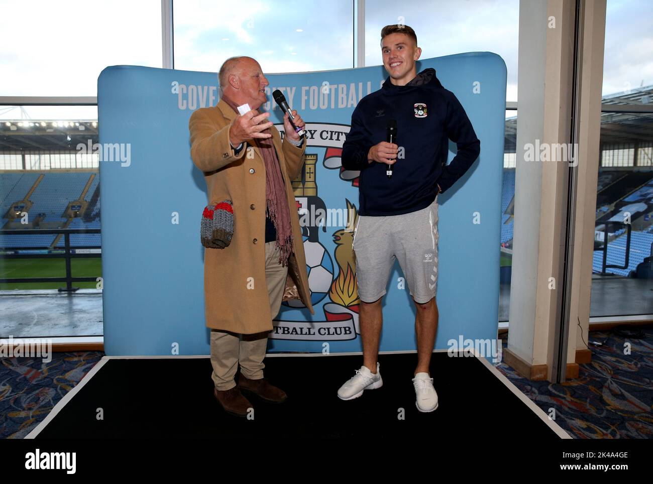 Coventry City's Viktor Gyokeres (right) attends the Man of the Match ...