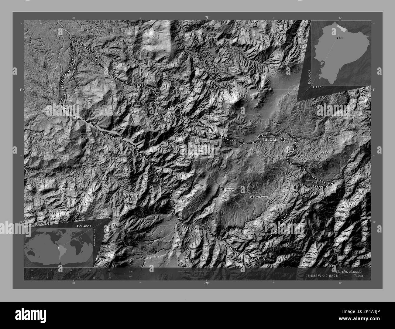 Carchi, province of Ecuador. Bilevel elevation map with lakes and ...