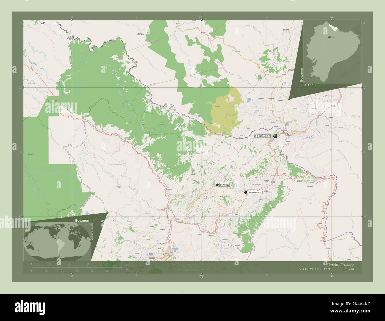 Carchi, province of Ecuador. Open Street Map. Locations and names of ...
