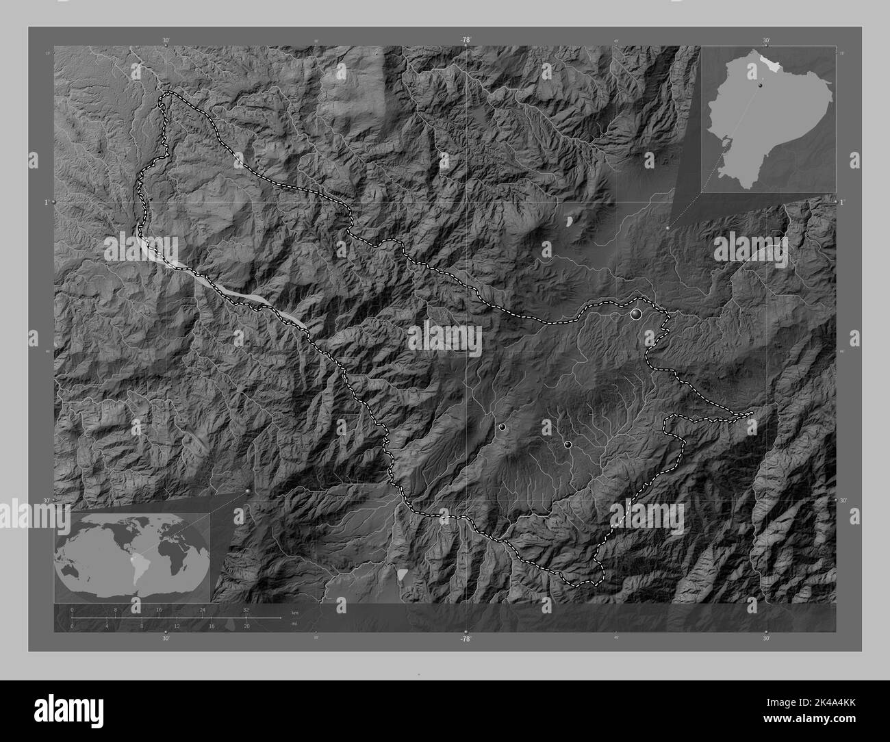 Carchi, province of Ecuador. Grayscale elevation map with lakes and ...