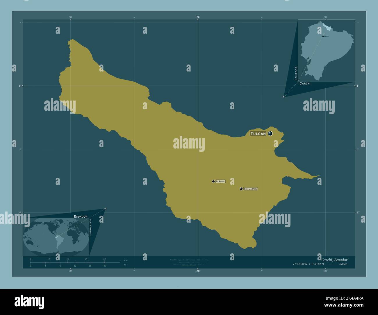 Carchi, province of Ecuador. Solid color shape. Locations and names of ...