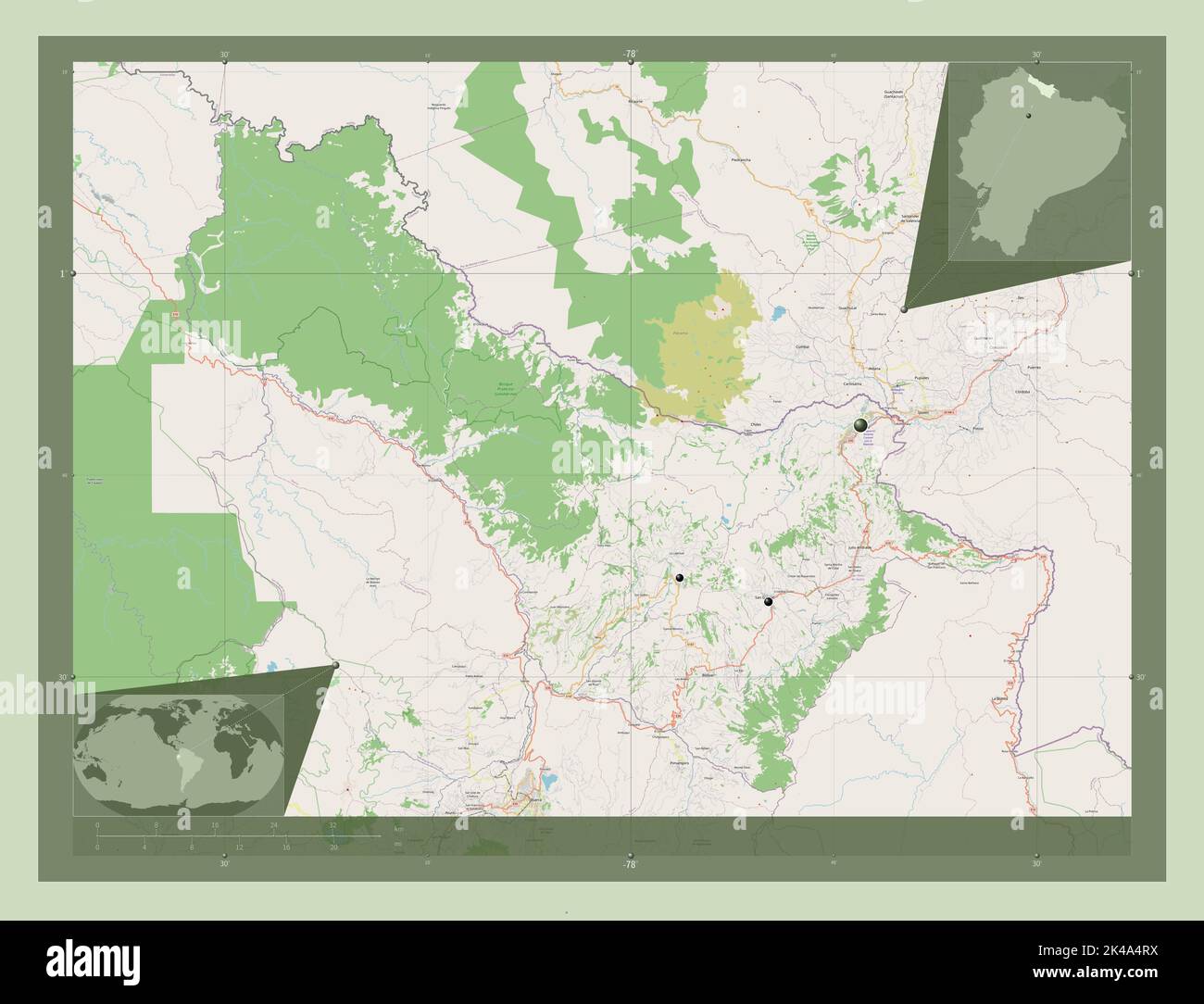 Carchi, province of Ecuador. Open Street Map. Locations of major cities ...