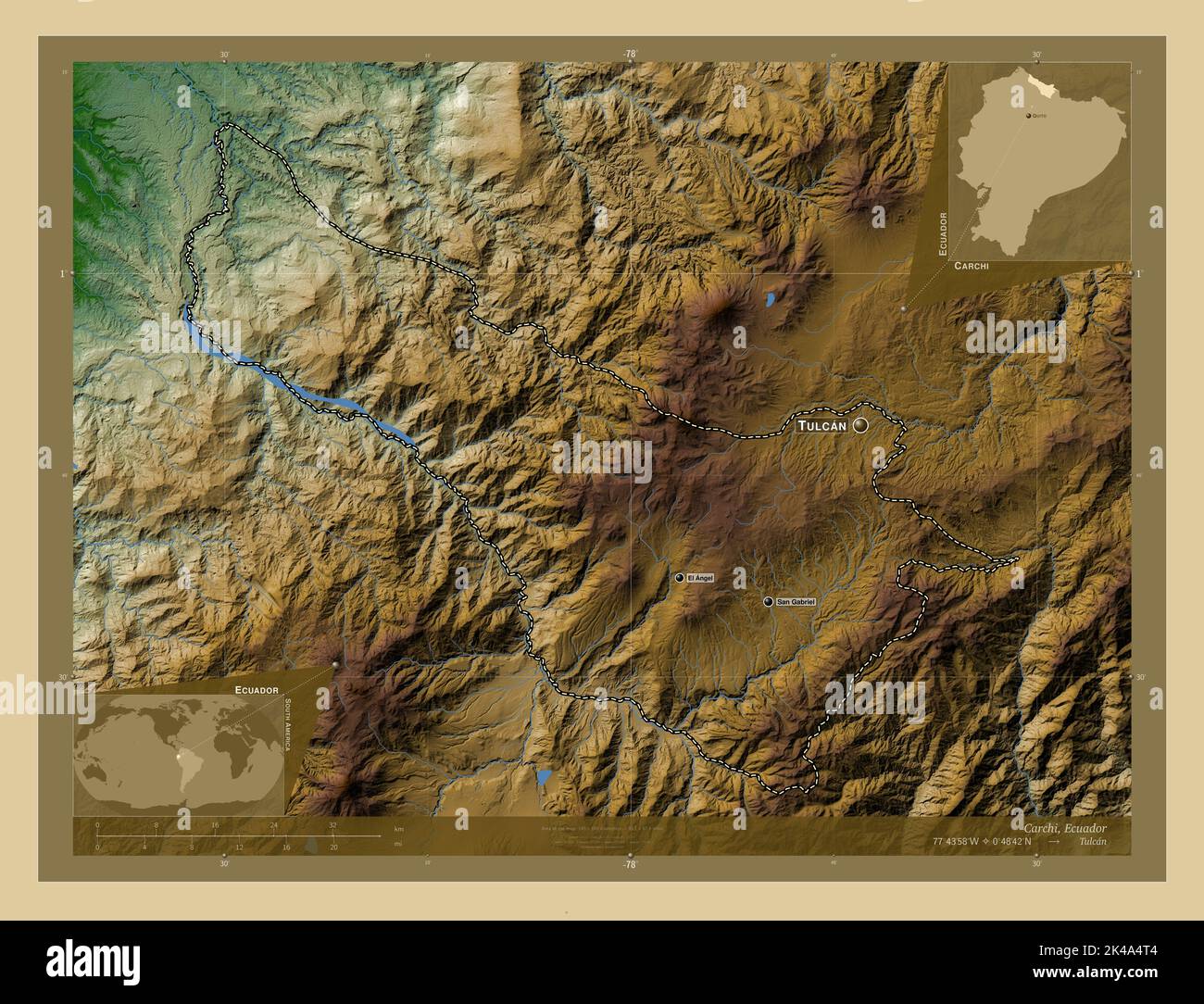 Carchi, province of Ecuador. Colored elevation map with lakes and ...