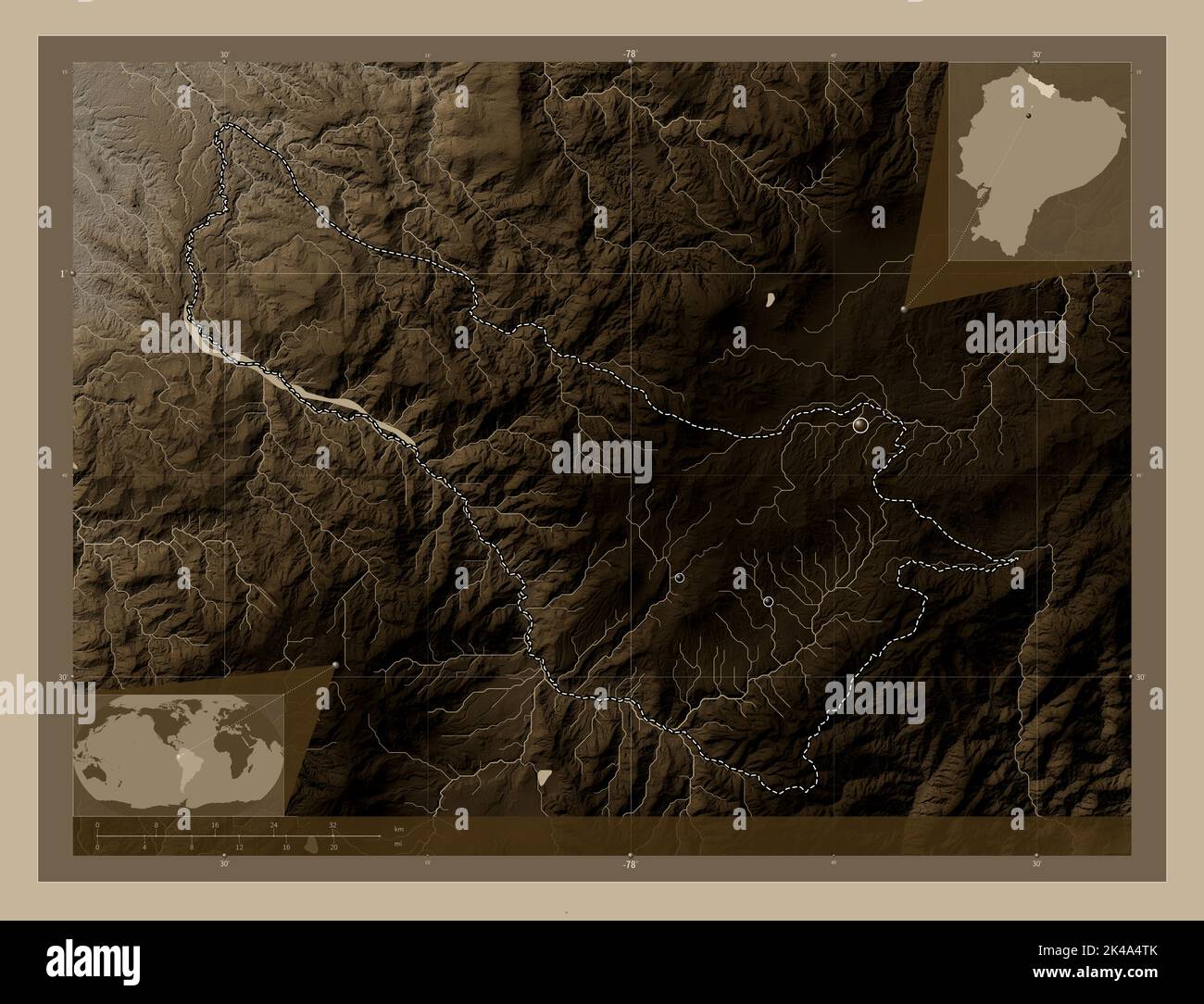 Carchi, province of Ecuador. Elevation map colored in sepia tones with ...