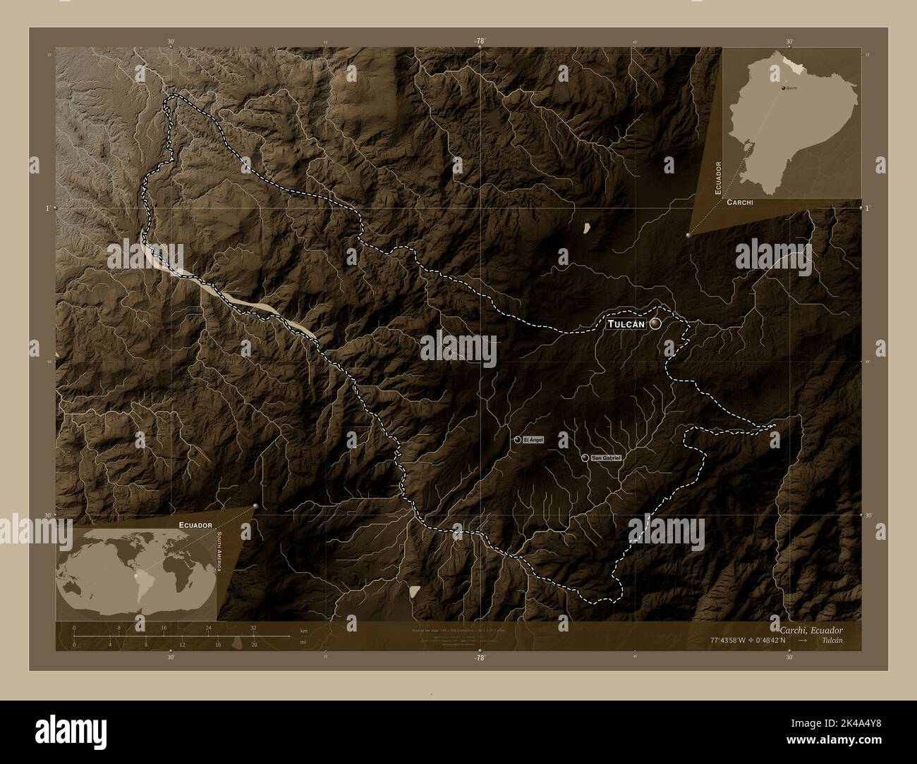 Carchi, province of Ecuador. Elevation map colored in sepia tones with ...