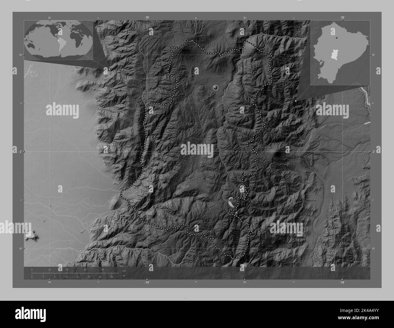 Chimborazo, province of Ecuador. Grayscale elevation map with lakes and ...