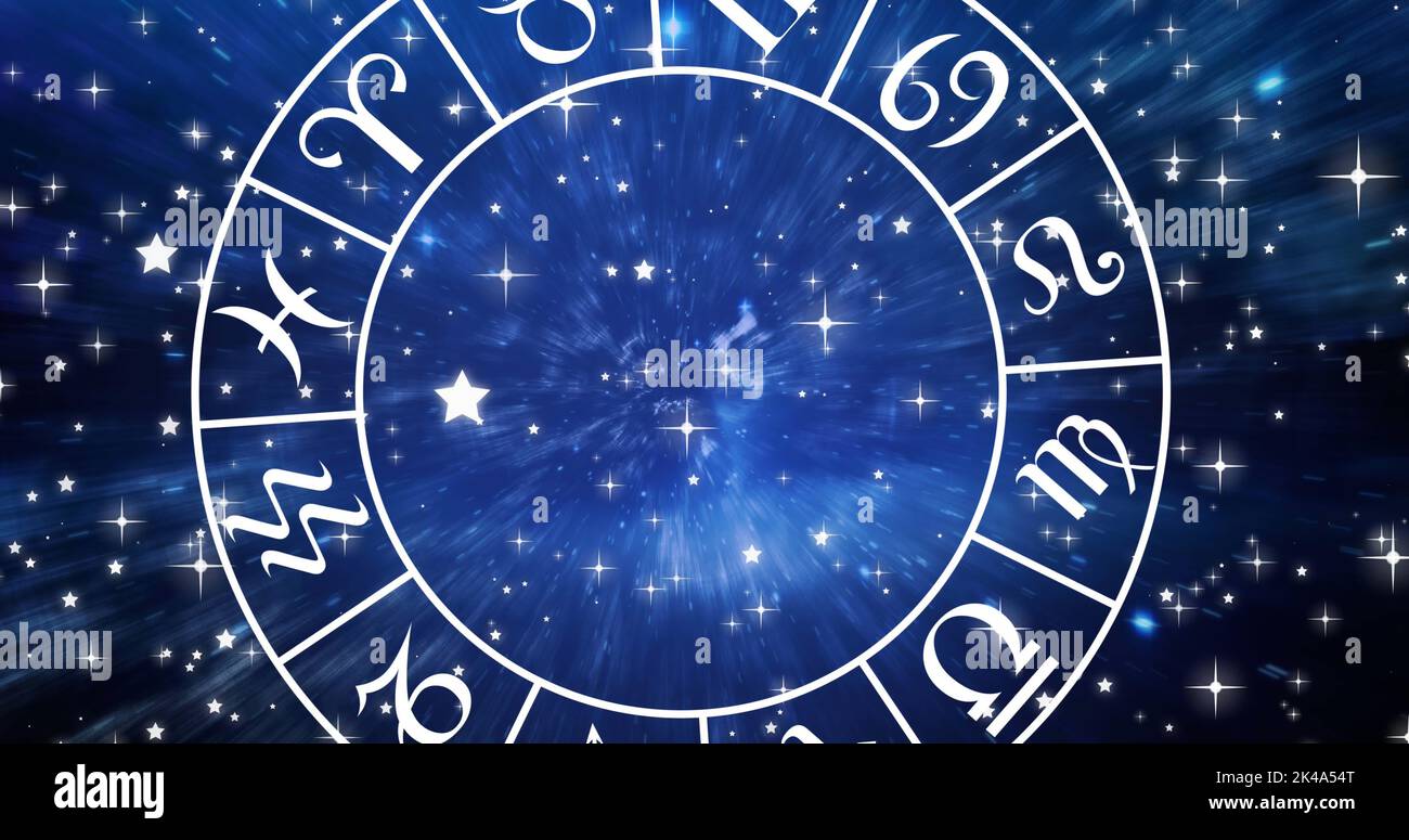 Image of zodiac wheel over stars on blue sky Stock Photo - Alamy