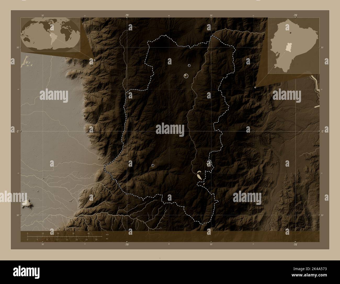Chimborazo, province of Ecuador. Elevation map colored in sepia tones ...