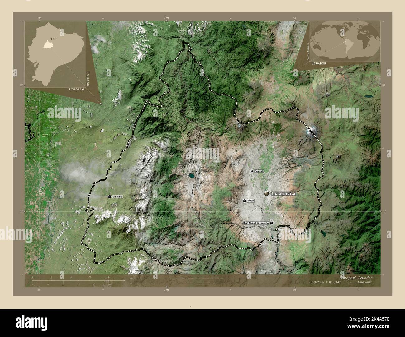 Cotopaxi, province of Ecuador. High resolution satellite map. Locations ...