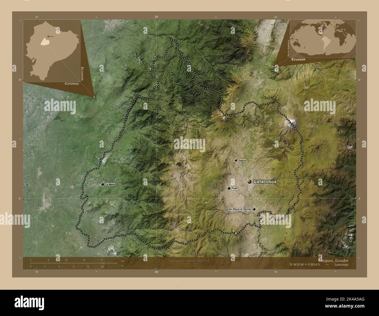 Cotopaxi, province of Ecuador. Low resolution satellite map. Locations ...