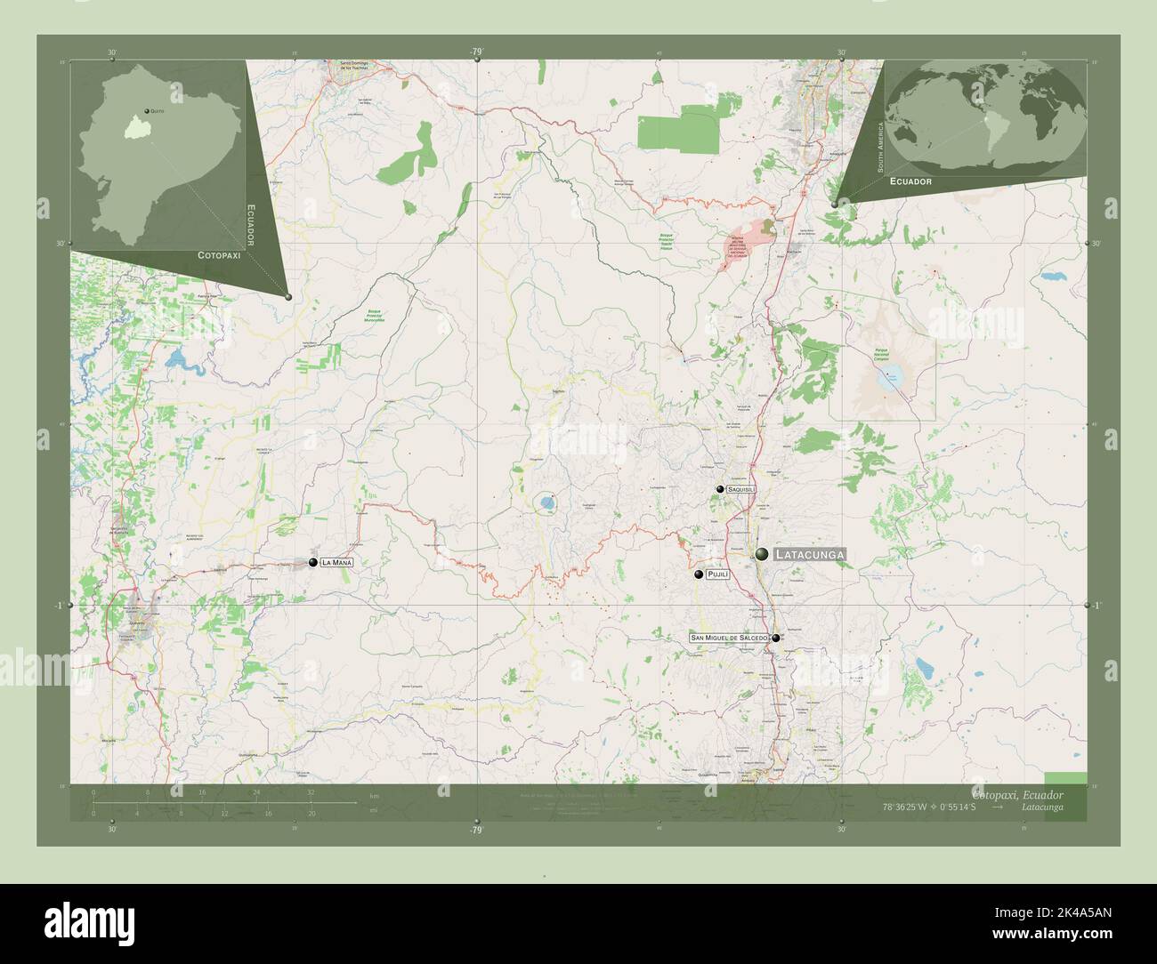 Cotopaxi, province of Ecuador. Open Street Map. Locations and names of ...