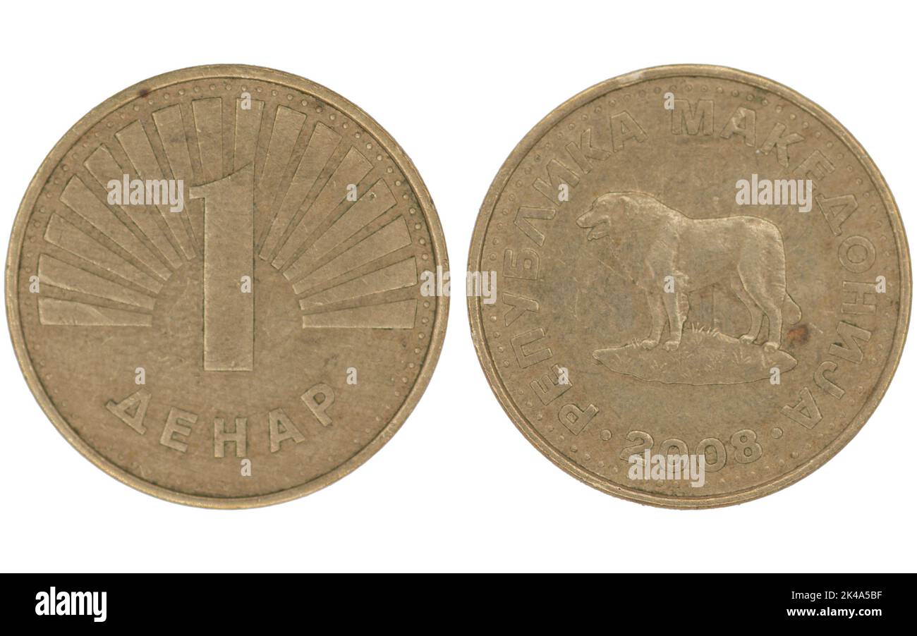 1 Macedonian Denar (MKD) coin with both sides on isolated white ...