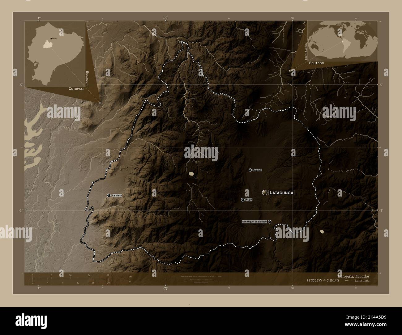 Cotopaxi, province of Ecuador. Elevation map colored in sepia tones ...