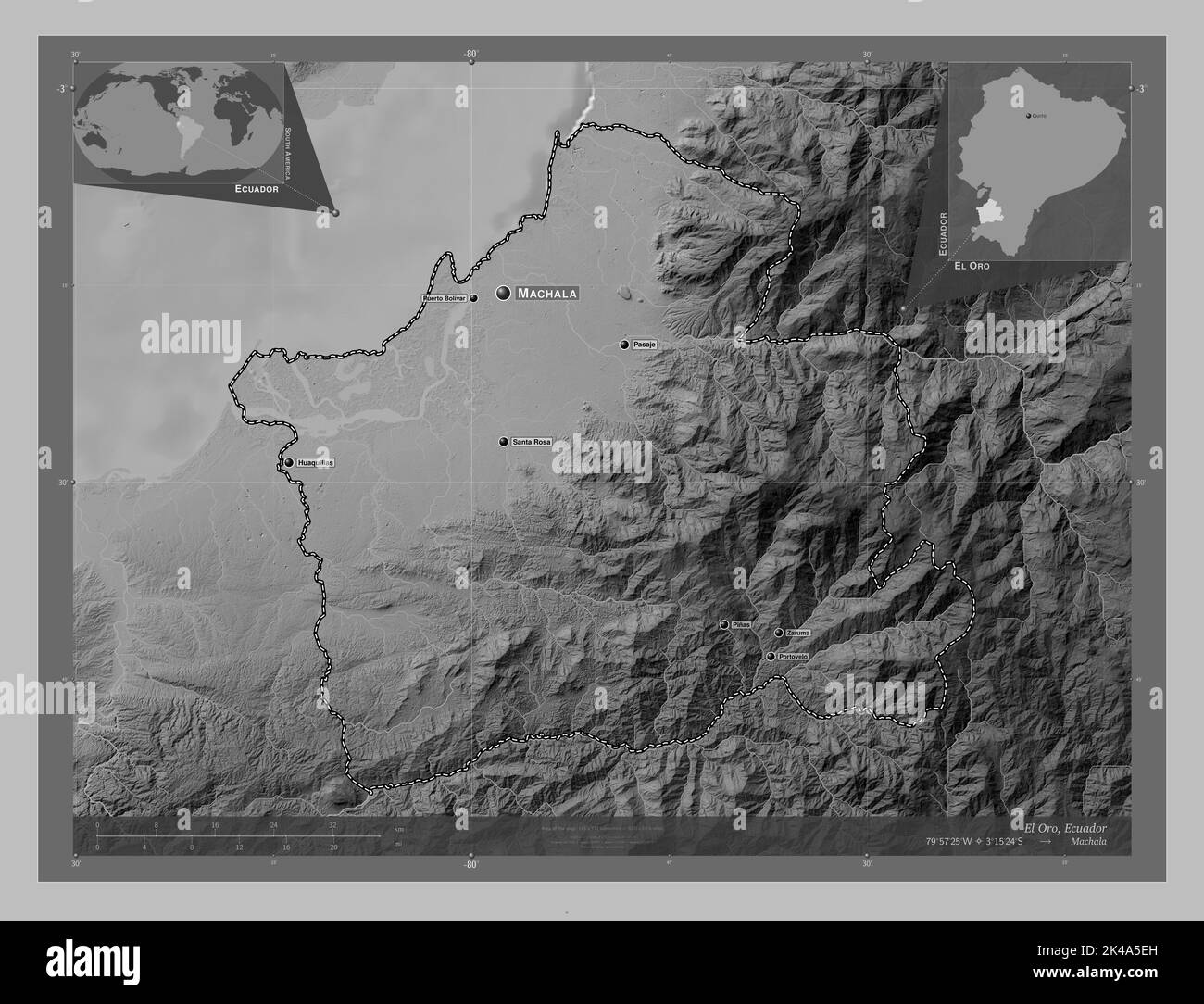 El Oro, province of Ecuador. Grayscale elevation map with lakes and ...