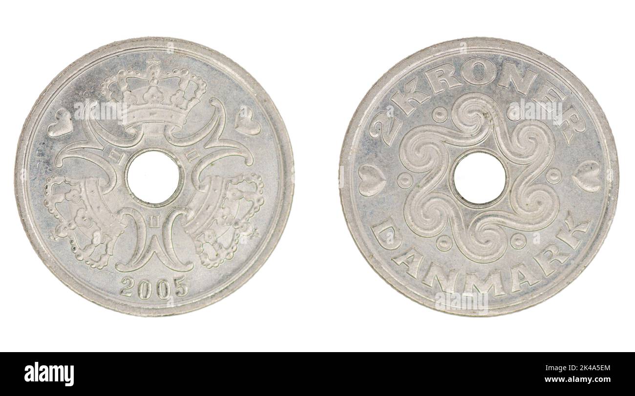 2 Danish Crown (DKK) coin with both sides on isolated white background ...