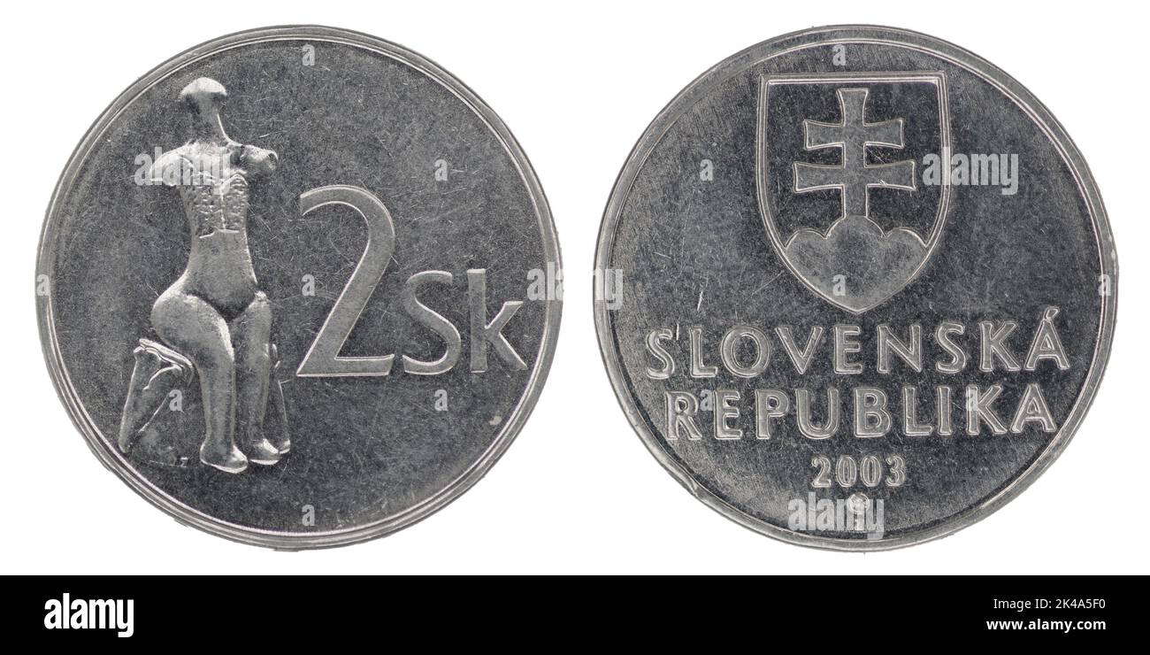 2 Slovakian crown koruna (SKK) coin with both sides on isolated white ...