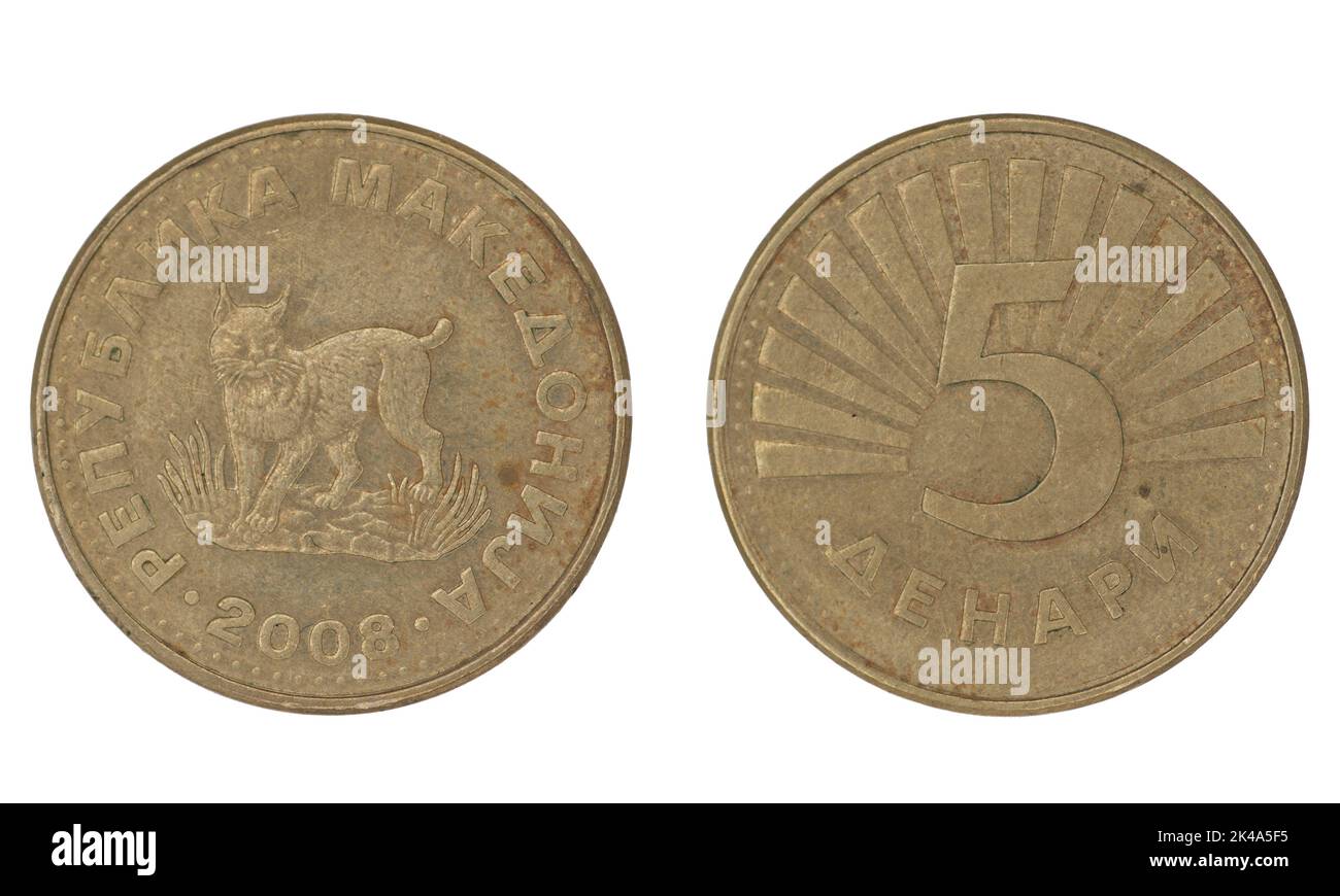 5 Macedonian Denar (MKD) coin with both sides on isolated white ...
