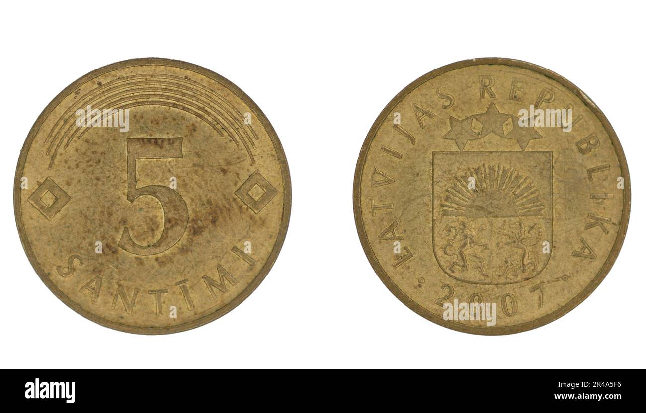 5 Latvian santimi (LVL) coin with both sides on isolated white ...