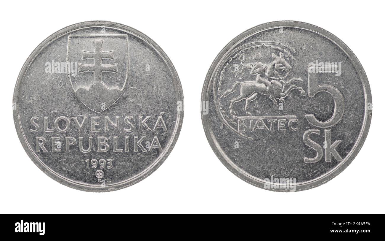 5 Slovakian crown koruna (SKK) coin with both sides on isolated white ...