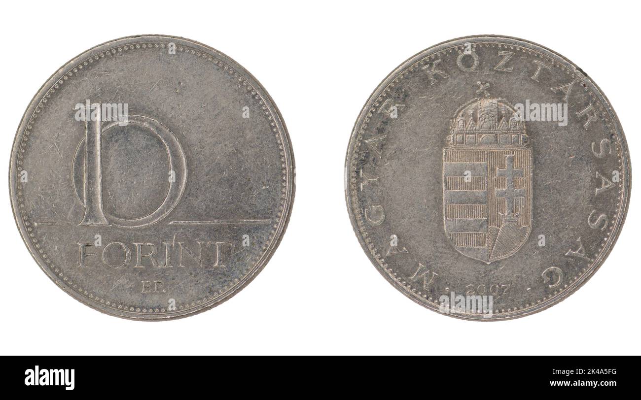 10 Hungarian Forint (HUF) coin with both sides on isolated white ...
